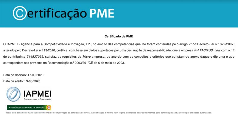 IAPMEI CERTIFICA TACITUS COMO PME – PH Tacitus